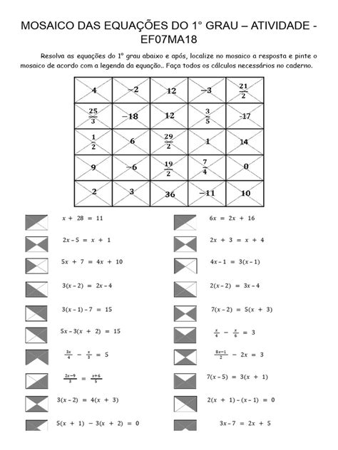 Mosaico Das Equações Do 1° Grau Atividade Pdf