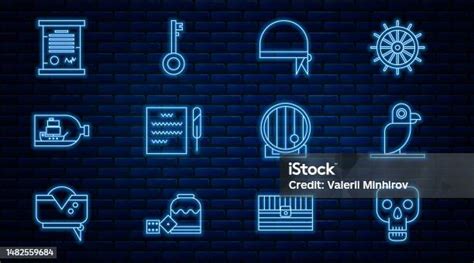 세트 라인 두개골 해적 앵무새 머리용 두건 깃털 펜 스크롤 내부에 배가 있는 병 법령 양피지 나무 통 및 열쇠 아이콘 벡터 가공의 인물에 대한 스톡 벡터 아트 및 기타
