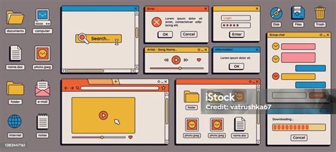 90 년대 복고풍 증기파 오래 된 데스크톱 사용자 인터페이스 요소 귀여운 향수 컴퓨터 Ui 빈티지 미적 아이콘과 윈도우 벡터