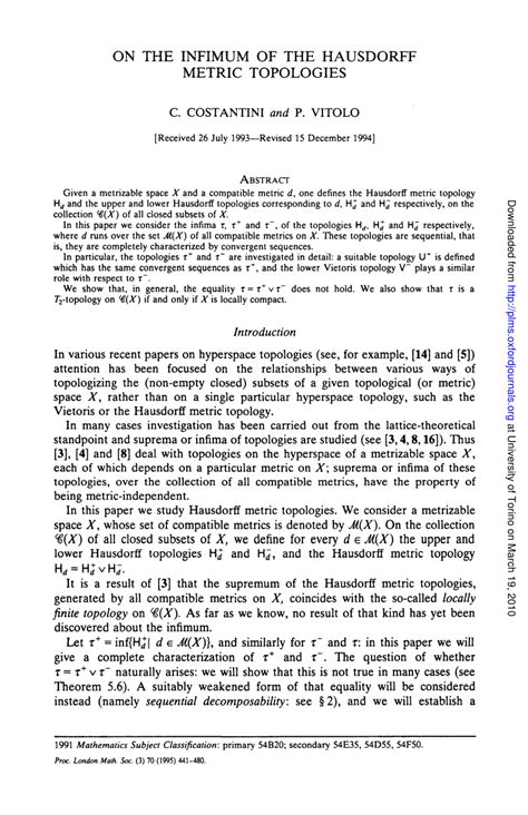 Pdf On The Infimum Of The Hausdorff Metric Topologies