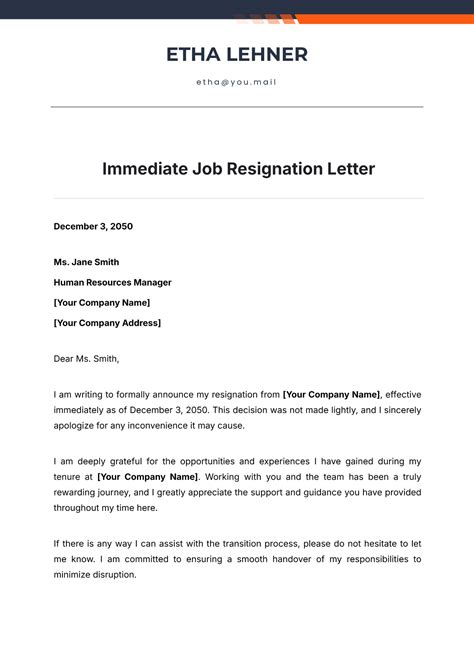 Free Immediate Job Resignation Letter Template To Edit Online