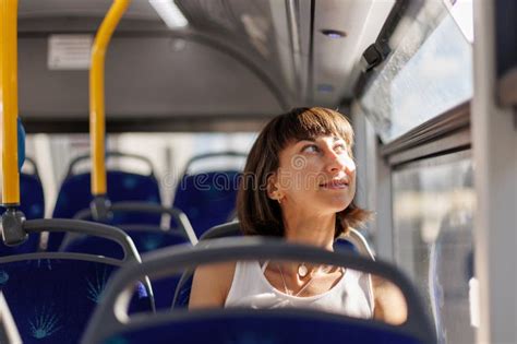 Smiling Young Woman Sitting On A Public Bus Stock Image Image Of
