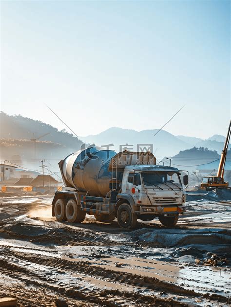 运转在建筑工地的混凝土搅拌车高清摄影大图 千库网