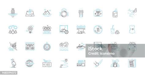 해변 휴가 선형 아이콘이 설정되었습니다 모래 파도 자외선 차단제 바다 조개 서핑 태닝 라인 벡터 및 개념 표지판 휴식 수영 보드워크 개요 삽화 판자를 깔아 만든 길에 대한