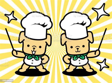두 명의 귀여운 개 요리사가 포인터 스틱을 들고 프리젠 테이션을하고 한 손으로 엉덩이에 서있다 오븐에 굽기에 대한 스톡 벡터