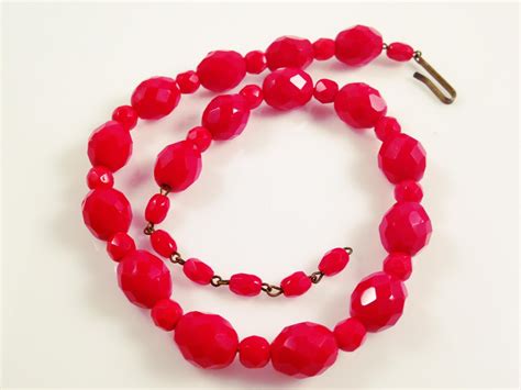Vintage Red Glass Beaded Necklace Signed West Germany Cherry Red Faceted Bead Necklace