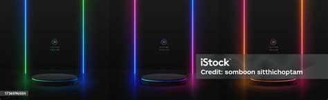 빨강 초록 파랑 네온 조명 라인을 배경으로 한 3d 검은색 실린더 연단 배경 추상적인 최소 모형 제품 전시 프리젠테이션 무대 쇼케이스 플랫폼 벡터 기하학 0명에 대한 스톡