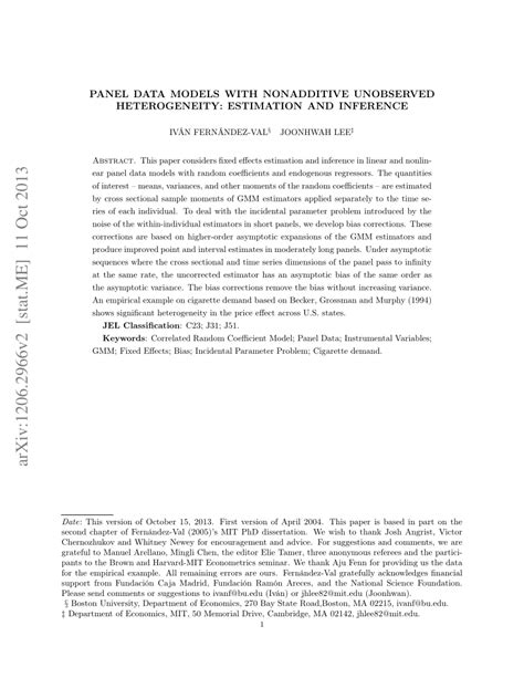 Pdf Panel Data Models With Nonadditive Unobserved Heterogeneity Estimation And Inference