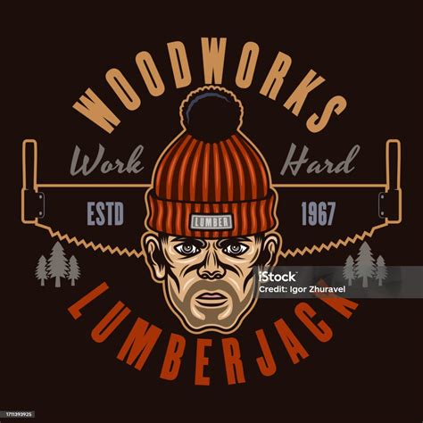 니트 모자를 쓴 벌목꾼 머리와 어두운 배경에 컬러 스타일의 벡터 엠블럼을 보았다 남자에 대한 스톡 벡터 아트 및 기타 이미지 남자 다중 색상 디자인 Istock