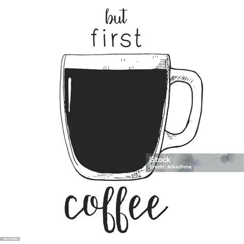 손으로 그린된 유리 낯 짝입니다 첫 번째 커피 하지만 텍스트입니다 벡터 일러스트 스케치 스타일입니다 에스프레소에 대한 스톡 벡터