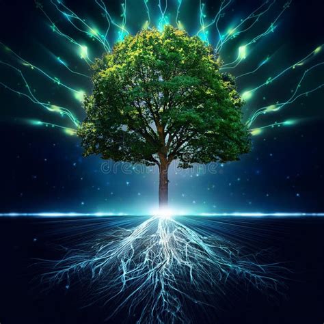 A Dynamic View Of Tree Roots And Leaves Connected By Glowing Energy