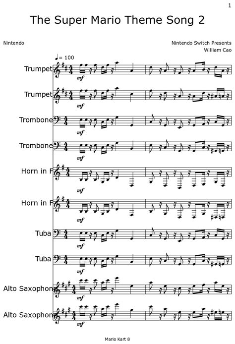 The Super Mario Theme Song 2 Sheet Music For Trumpet Trombone Horn