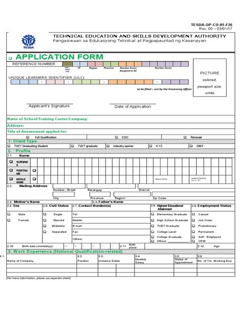 Tesda Application Form Pdf