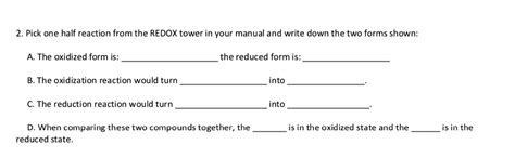 Solved 2 Pick One Half Reaction From The Redox Tower In Your Manual