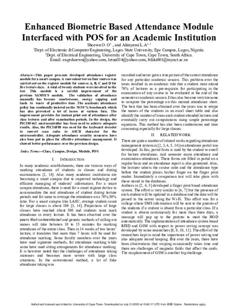 Pdf Enhanced Biometric Based Attendance Module Interfaced With Pos For An Academic Institution