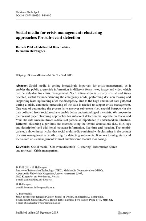 Pdf Social Media For Crisis Management Clustering Approaches For Sub