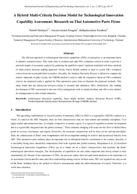 Pdf A Hybrid Multi Criteria Decision Model For Technological Innovation Capability Assessment