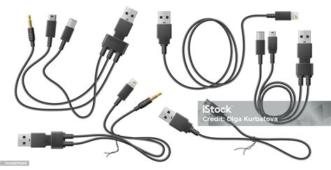 현실적인 어댑터 케이블 Usb 다른 유형 커넥터 곡선 전자 충전기 어댑터 3d 요소가있는 검은 색 유연한 전선 미니 및 마이크로 번개 마이크로 Usb Utter 벡터 세트