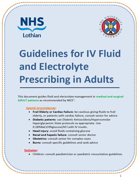 Quick Reference Guideline For Iv Fluid And Electrolyte Prescribing In