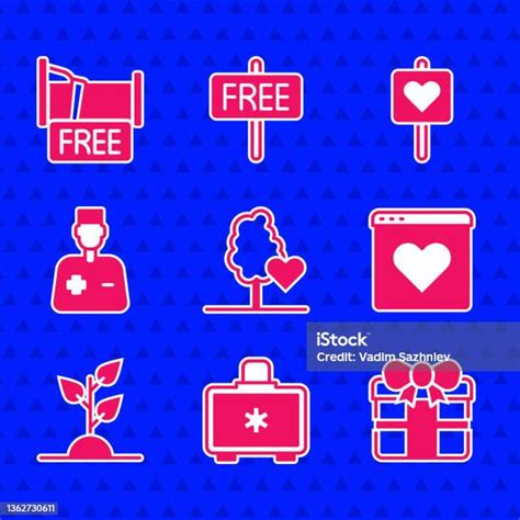 세트 자원 봉사 팀 심기 나무 응급 처치 키트 선물 상자 데이트 응용 프로그램 온라인 남성 의사 마음과 무료 하룻밤 숙박 하우스 아이콘 위치 벡터 가공의 인물에 대한 스톡