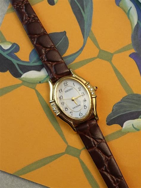 Gold Seiko Exceline Art Deco Diamond Case With Pink Mother Of Pearl Di