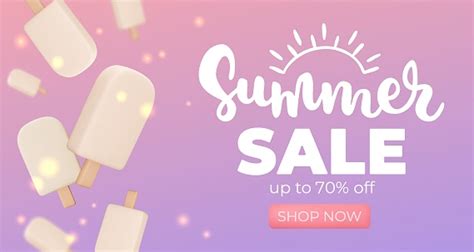 분홍색 배경에 흰색 바닐라 아이스크림 배너 여름 세일 최대 70 3d 렌더링 디자인 요소 현실적인 달콤한 음식 포스터 메뉴 상점 전단지 웹 광고 판매에 대한 벡터 일러스트