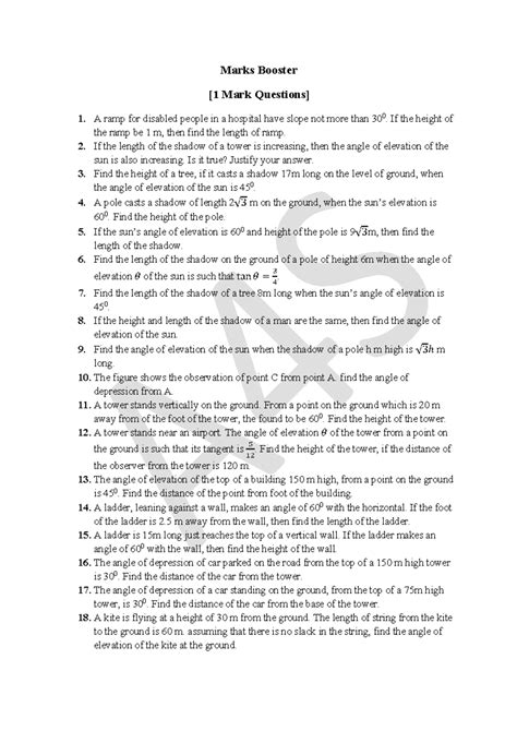 9 Some Applications Of Trigonometry Marks Booster [1 Mark Questions] 1 A Ramp For Disabled