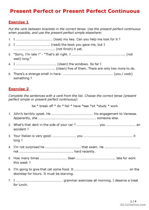 Present Perfect Simple Continuous Worksheets