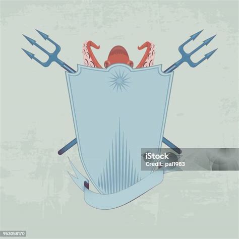 금속 방패 및 교차 Tridents의 해양 벡터 일러스트 팔 딱 리본입니다 픽부 문 어 그런 지 배경입니다 파란색의 음영을 나타냅니다 T셔츠 포스터 디자인 해산물 레스토랑에
