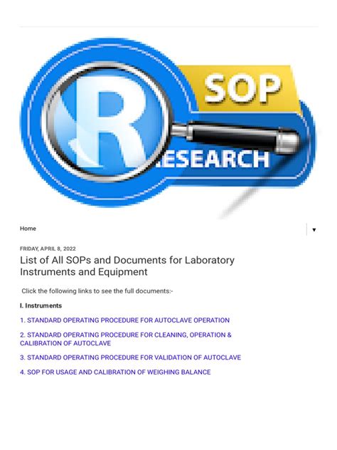 Research Sop List Of All Sops And Documents For Laboratory Inst Pdf