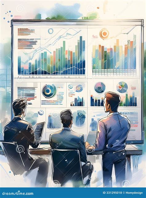 Vibrant Artwork Of Professionals Analyzing Data On A Large Screen Stock