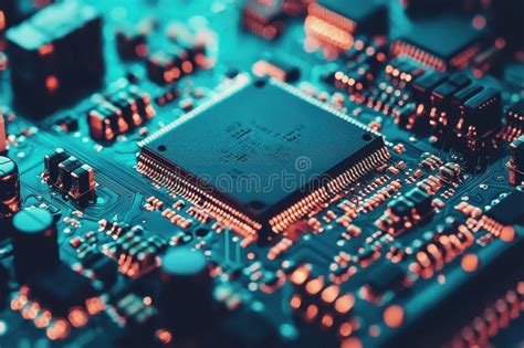 macro shot of a modern microprocessor on a circuit board with glowing