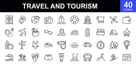 여행 및 관광 아이콘 세트입니다 수하물 여권 선글라스 여행 호텔 관광 해변 비행기 지도 공항 티켓 투어 휴식 서비스 등과 같은 아이콘이 포함되어 있습니다 벡터 일러스트