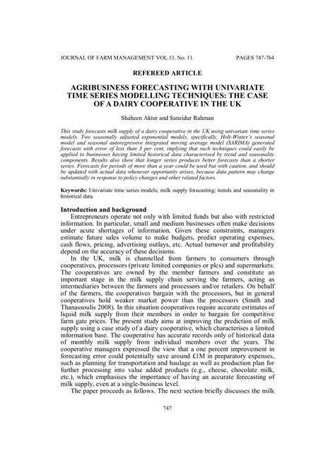 Pdf Agribusiness Forecasting With Univariate Time Series Modelling Techniques The Case Of A