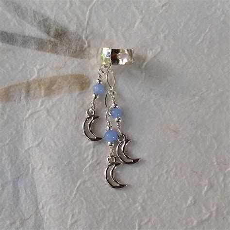 Crescent Moon Sterling Silver Ear Cuff And Chain Ear Wrap With Pale