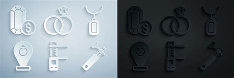 캘리퍼 또는 캘리퍼 와 스케일 목걸이에 펜던트 보석 가게 보석 루피 웨딩 링 과 온라인 쇼핑 아이콘 벡터 3월에 대한 스톡 벡터 아트 및 기타 이미지 Istock