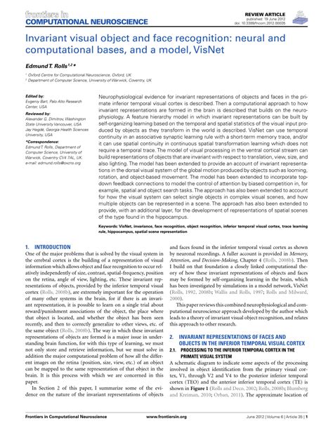 Pdf Invariant Visual Object And Face Recognition Neural And