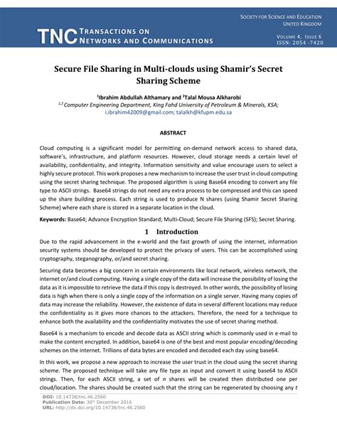 pdf secure file sharing in multi clouds using shamir s secret sharing scheme