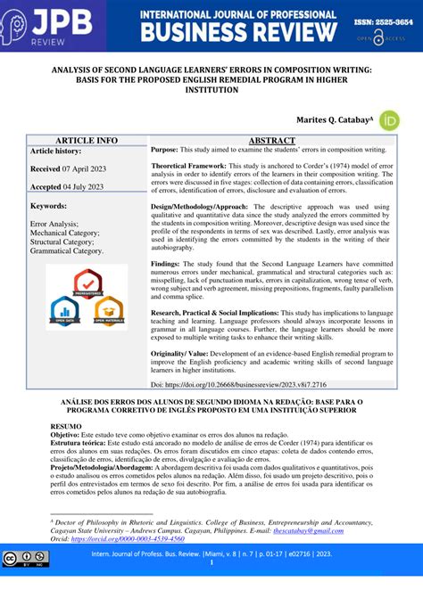 Pdf Analysis Of Second Language Learners Errors In Composition