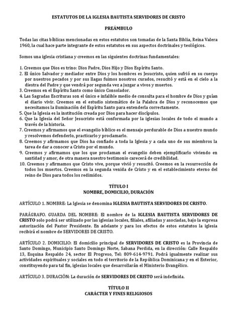 Estatutos De La Iglesia Bautista Servidores De Cristo Pdf Cristo