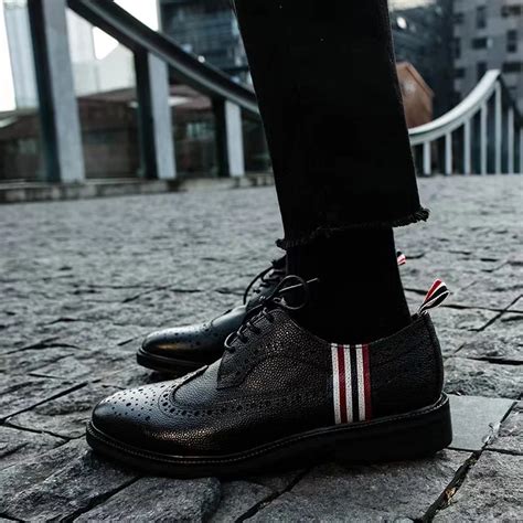 Tb Thom Shoes 오리지널 스트라이프 블랙 페블 송아지 가죽 롱 윙 브로그 비즈니스 캐주얼 웨딩 스니커즈 정품 가죽 Tb 슈즈 Aliexpress