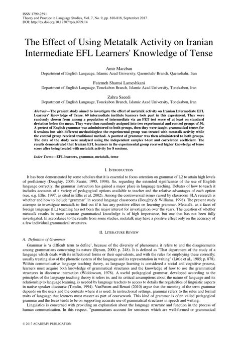 Pdf The Effect Of Using Metatalk Activity On Iranian Intermediate Efl Learners Knowledge Of Tense