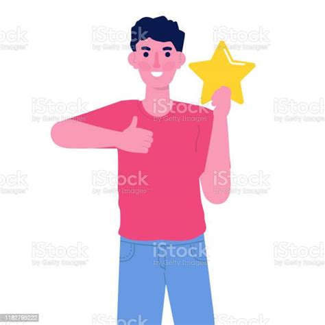 남자는 골드 등급 스타를 보유하고 있습니다 긍정적 인 별 피드백 품질 보증 설문 조사 고객 검토 품질 평가 개념 벡터 그림입니다 고객에 대한 스톡 벡터 아트 및 기타 이미지