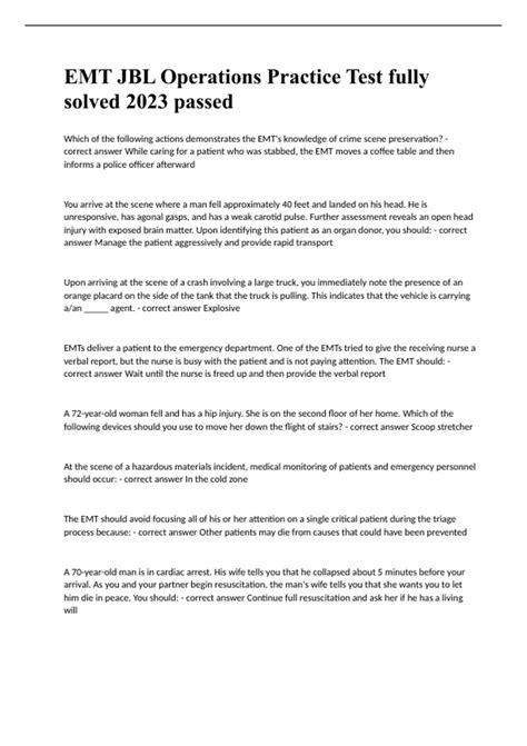 EMT JBL Operations Practice Test Fully Solved 2023 Passed JBL Medical Stuvia US