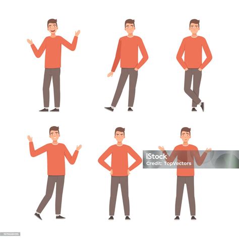 다양한 감정과 몸짓을 보여주는 청년의 집합 긍정적이고 부정적인 감정을 표현하고 만화 벡터 일러스트레이션을 몸짓으로 표현하는 남자 마음이 산란해진에 대한 스톡 벡터 아트 및