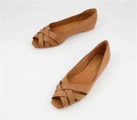 Office Facing Feature Peep Toe Flats Tan Leather Flat Shoes For Women