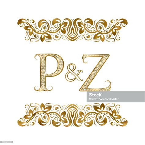 P 와 Z 빈티지 이니셜 기호 문자는 장식 요소로 둘러싸여 있습니다 결혼식 또는 비즈니스 파트너 로얄 스타일의 모노그램 결혼식에 대한 스톡 벡터 아트 및 기타 이미지