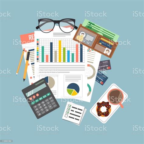 감사 개념 벡터 일러스트입니다 세금 프로세스입니다 비즈니스 배경입니다 분석 데이터 회계 계획 관리 연구 계산 보고 및 프로젝트 관리의 평면 설계 금융에 대한 스톡 벡터 아트