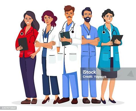 병원 의료진이 함께 서 있습니다 남성 및 여성 의사 간호사 및 구급대원 그룹 벡터 일러스트 레이 션 의료직에 대한 스톡 벡터 아트 및 기타 이미지 Istock