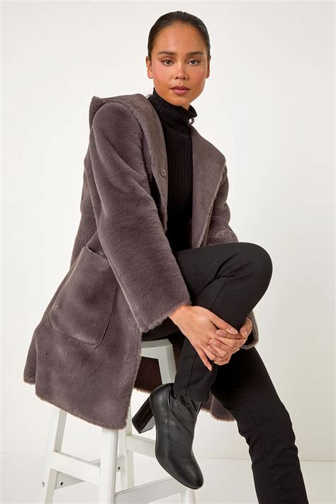 Taupe Petite Reversible Faux Sheepskin Coat Roman Uk